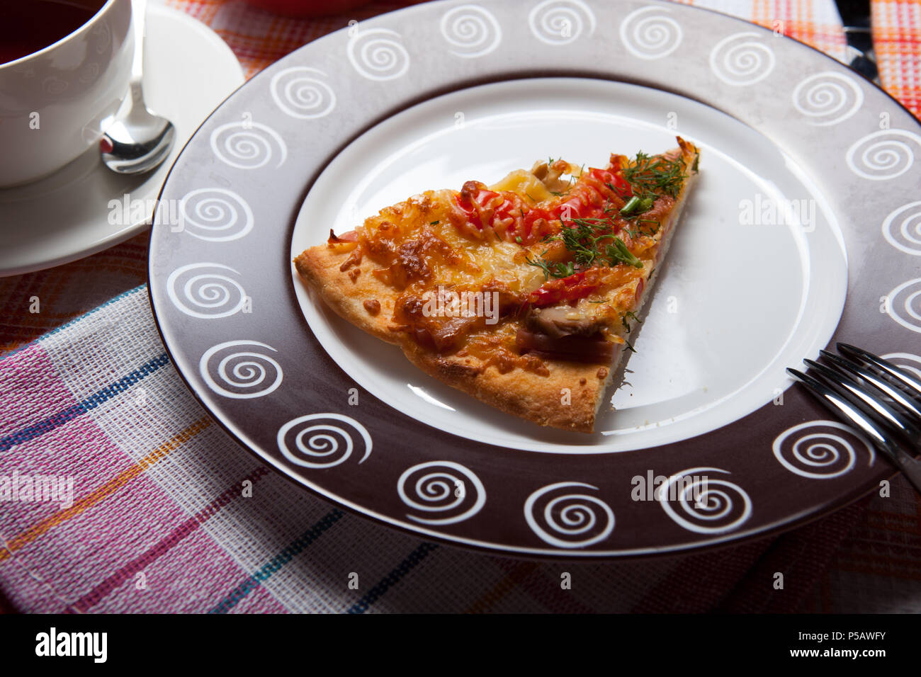 breakfast pizza and tea close up Stock Photo - Alamy