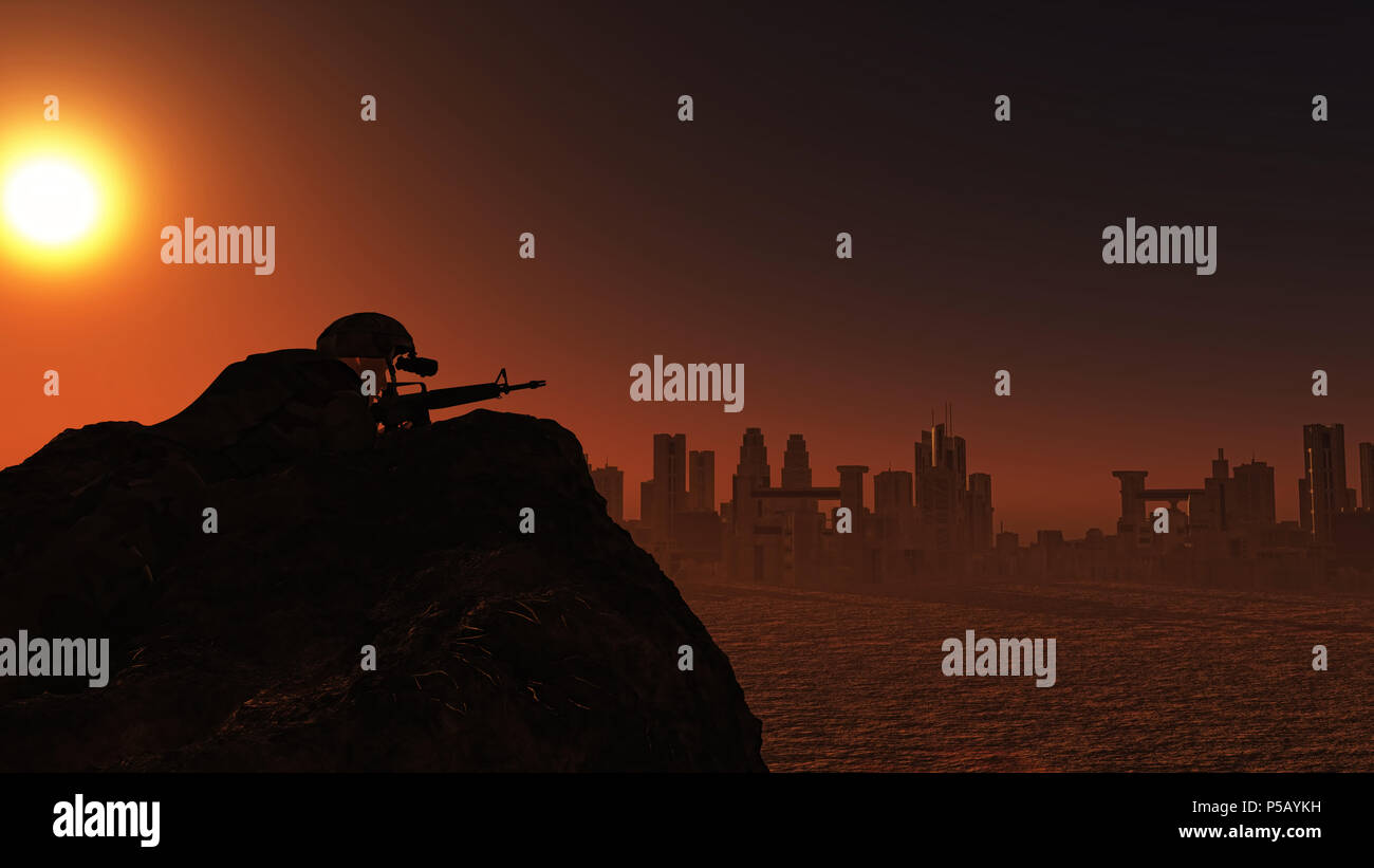 3D render of a soldier watching over cityscape at sunset Stock Photo ...
