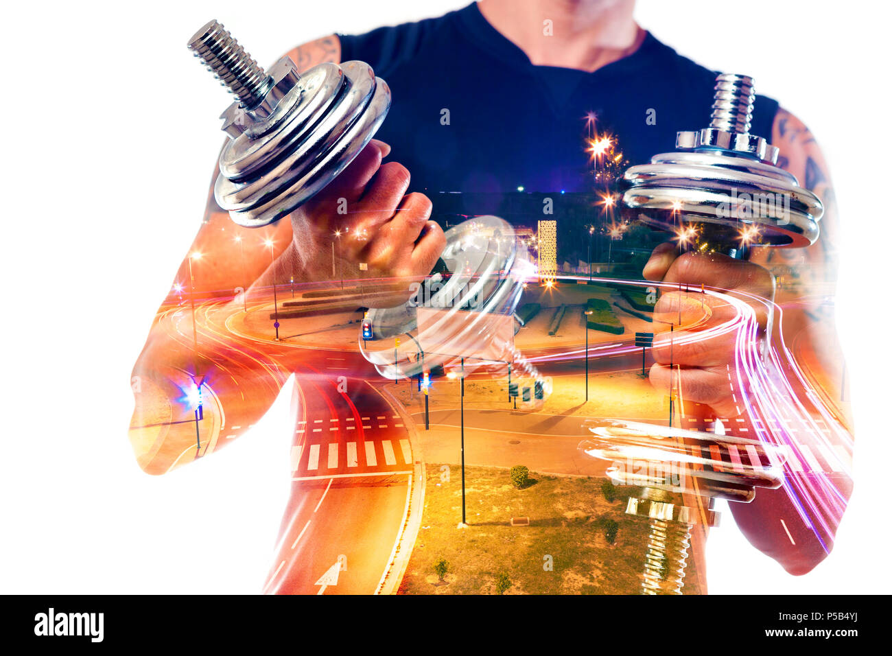 Gym equipment and sport concept.Double exposure background.Dumbbells ...