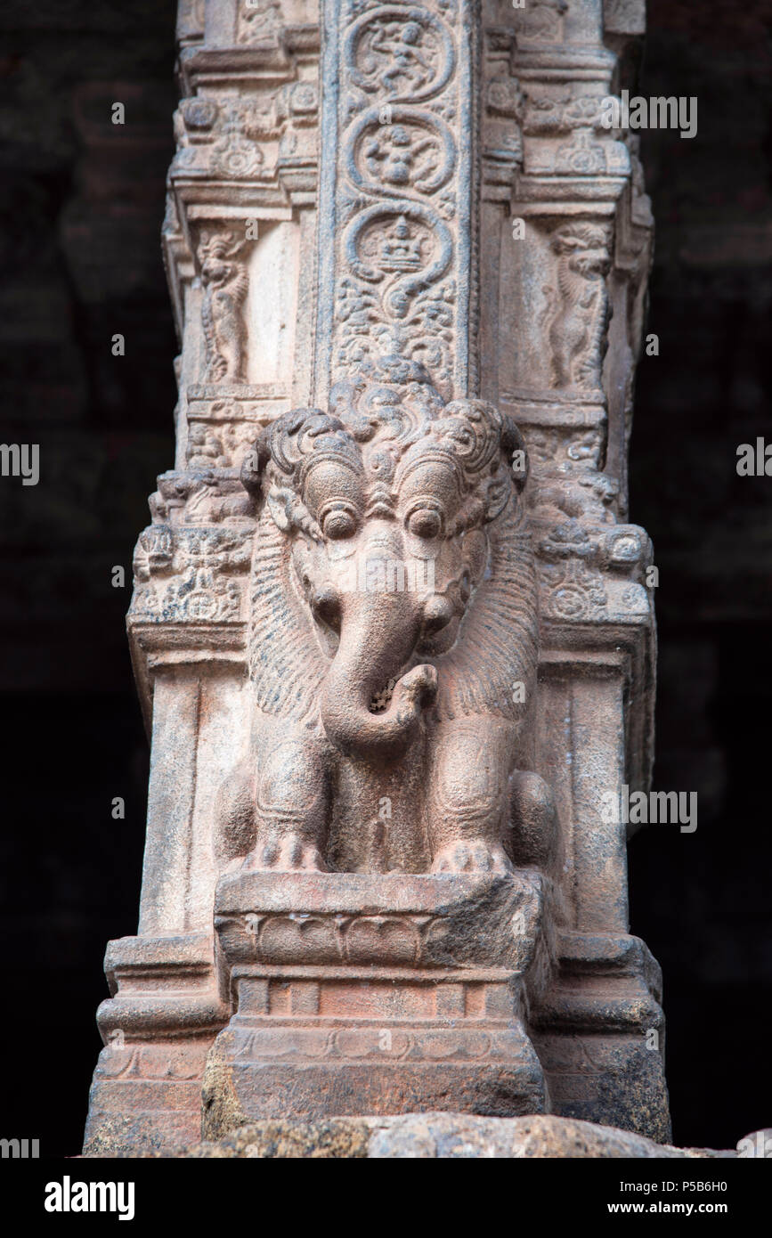 Yali pillar. Part lion and part elephant. Airavatesvara Temple, UNESCO ...