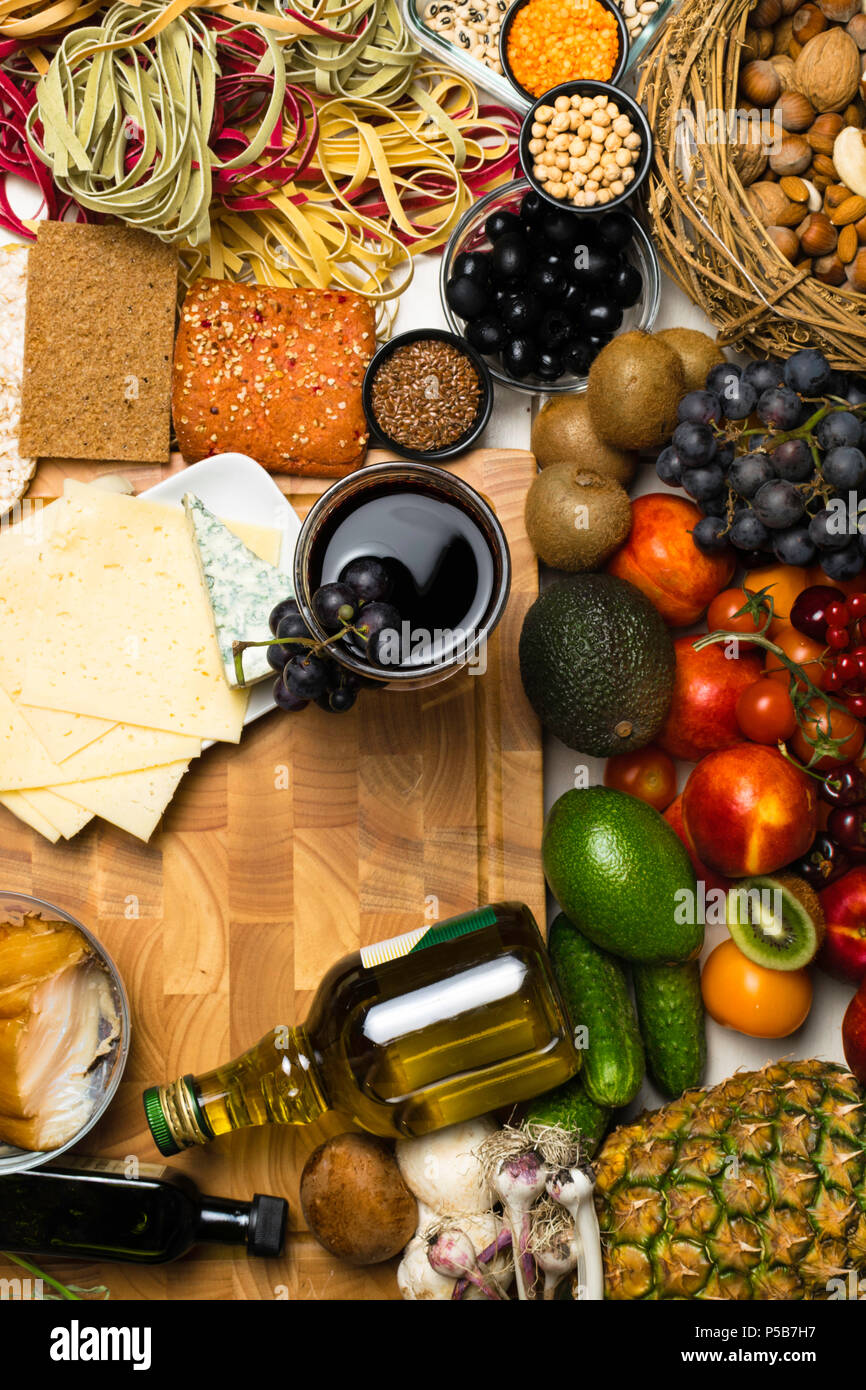 Mediterranean Food background. Assortment of fresh fruits, vegetables ...