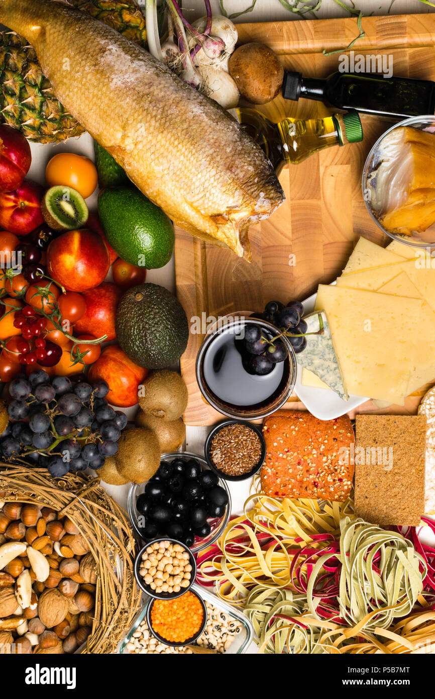 Mediterranean Food background. Assortment of fresh fruits, vegetables ...