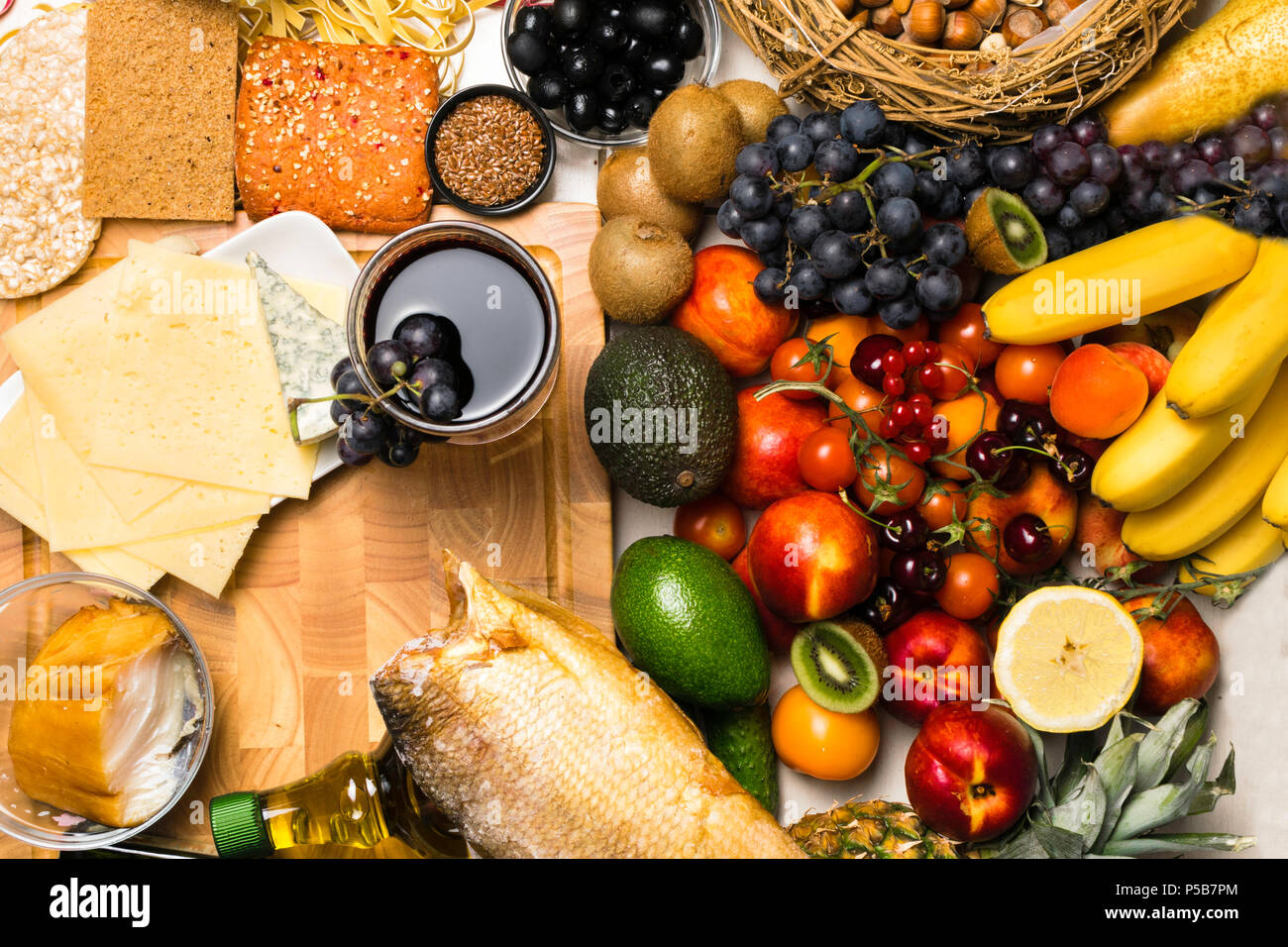Mediterranean Food background. Assortment of fresh fruits, vegetables ...