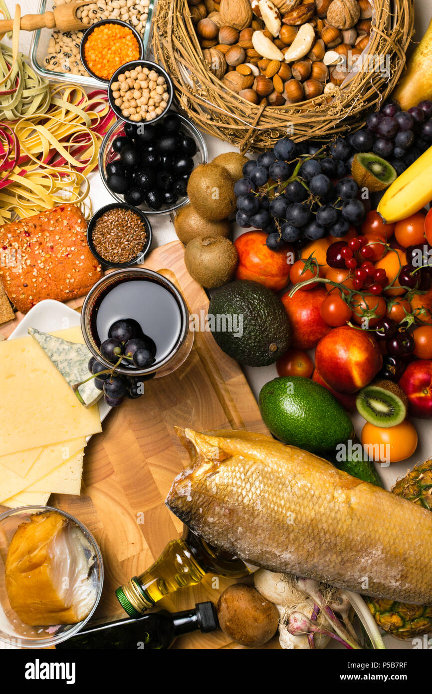 Mediterranean Food background. Assortment of fresh fruits, vegetables ...