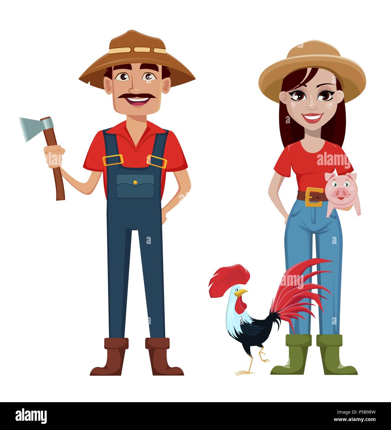 Farmers, man and woman, cartoon characters, set. Beautiful lady ...