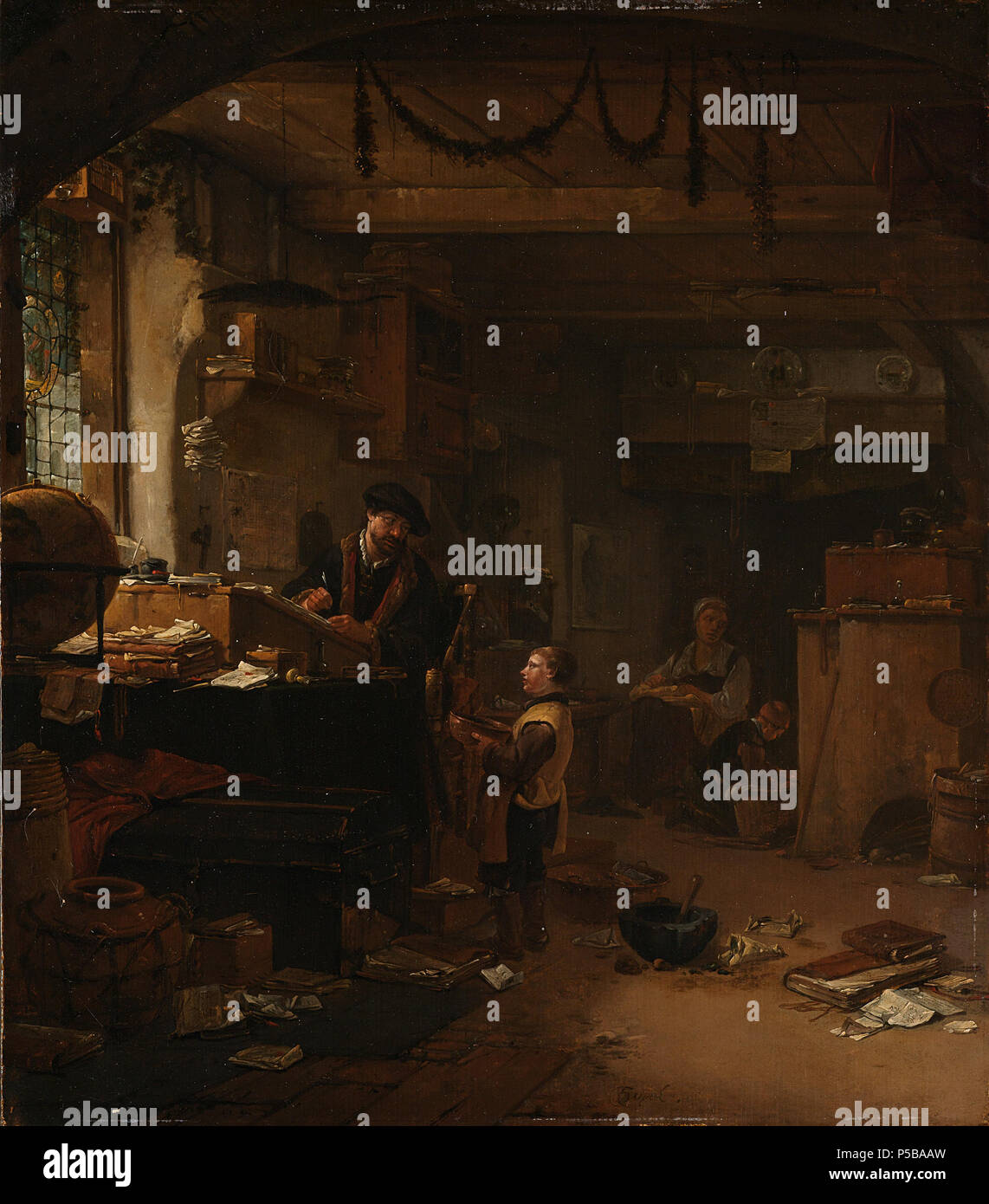 The Alchemist . An alchemist is writing in his workshop, sitting behind ...