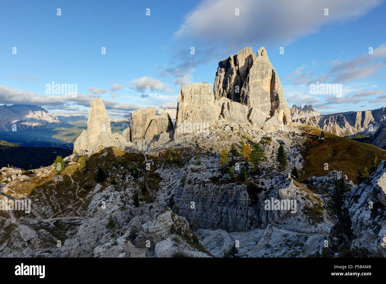 Cinque Torri rock formation under evening sun, Dolomite Alps, Italy ...