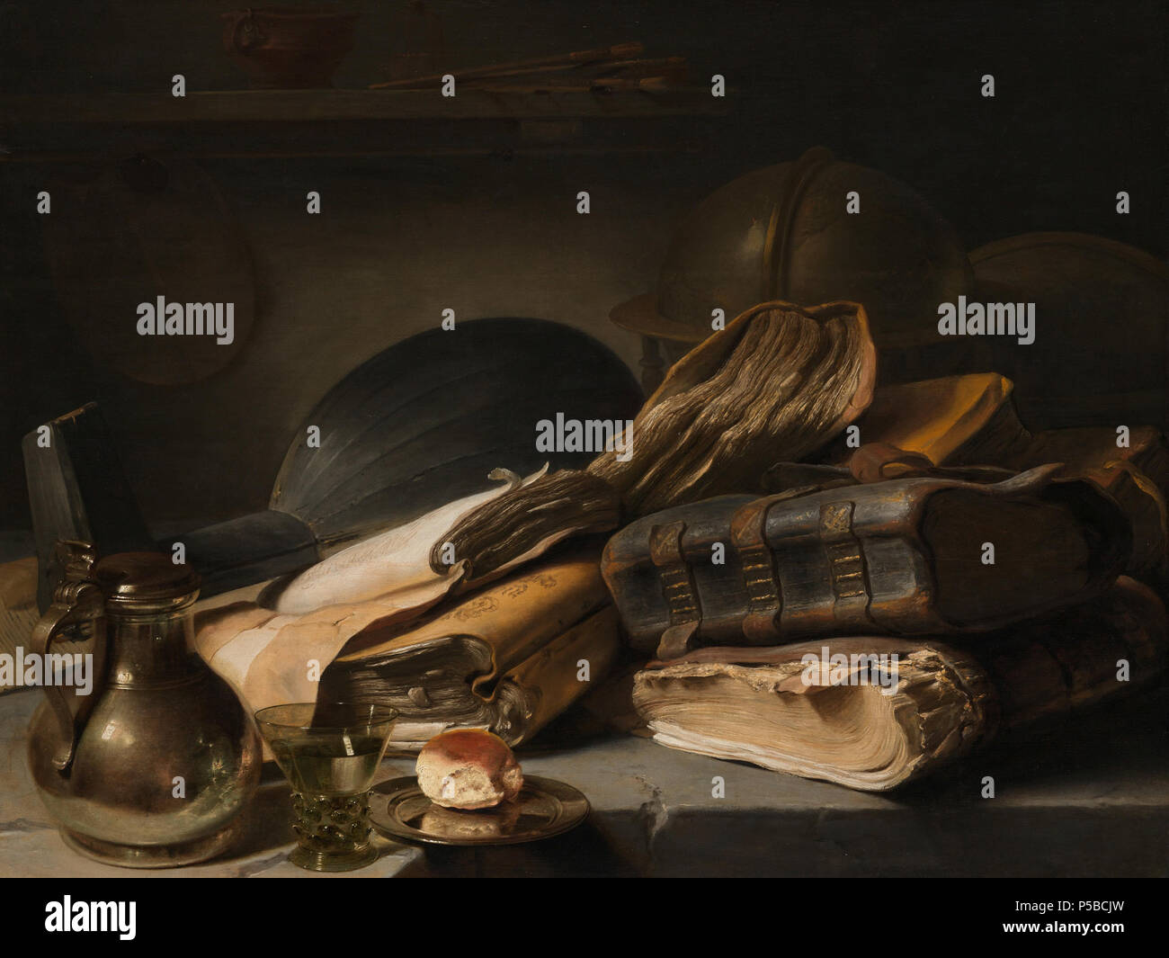 Still Life with Books . Vanitas still life with books, a pewter jug, a wineglass, a pewter plate ...