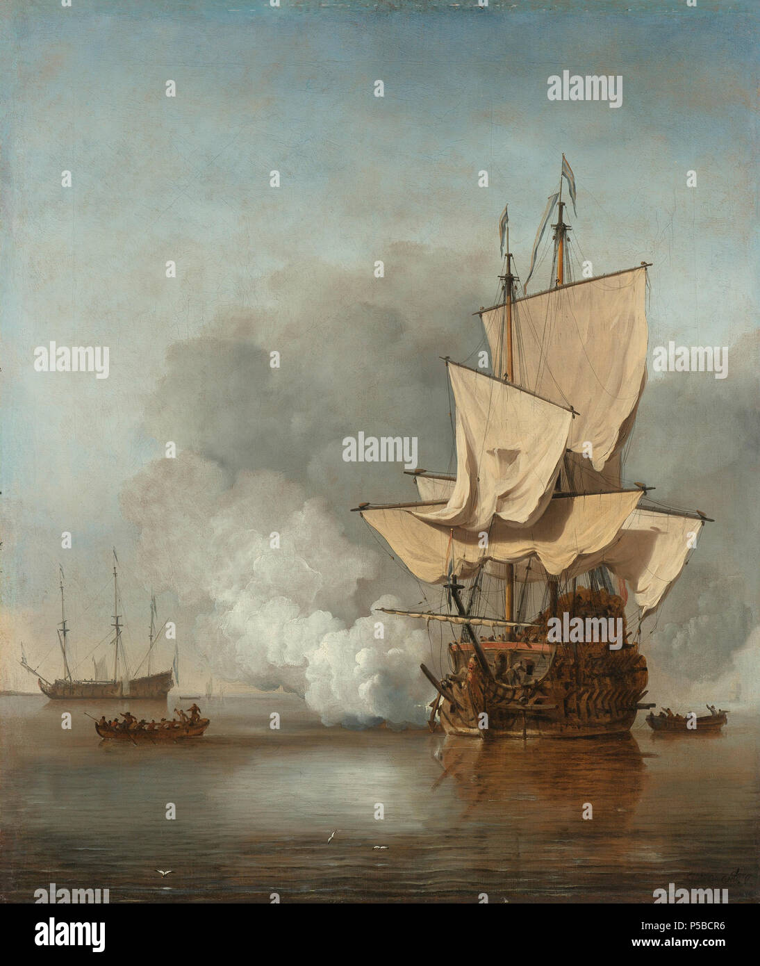 The Cannon Shot . The canon shot. A man-of-war in a calm with slack ...