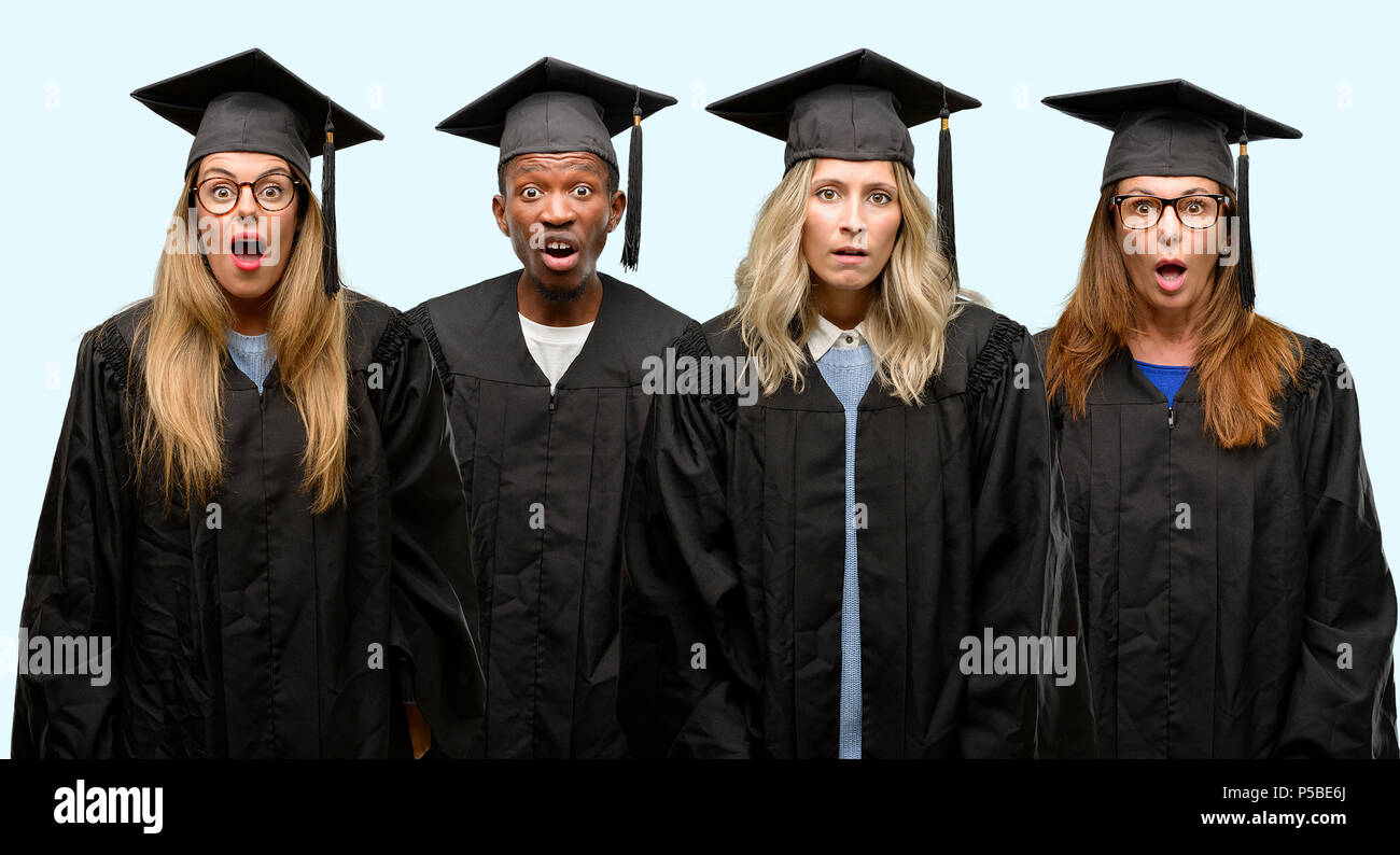 Education concept, university graduate woman and man group scared in ...