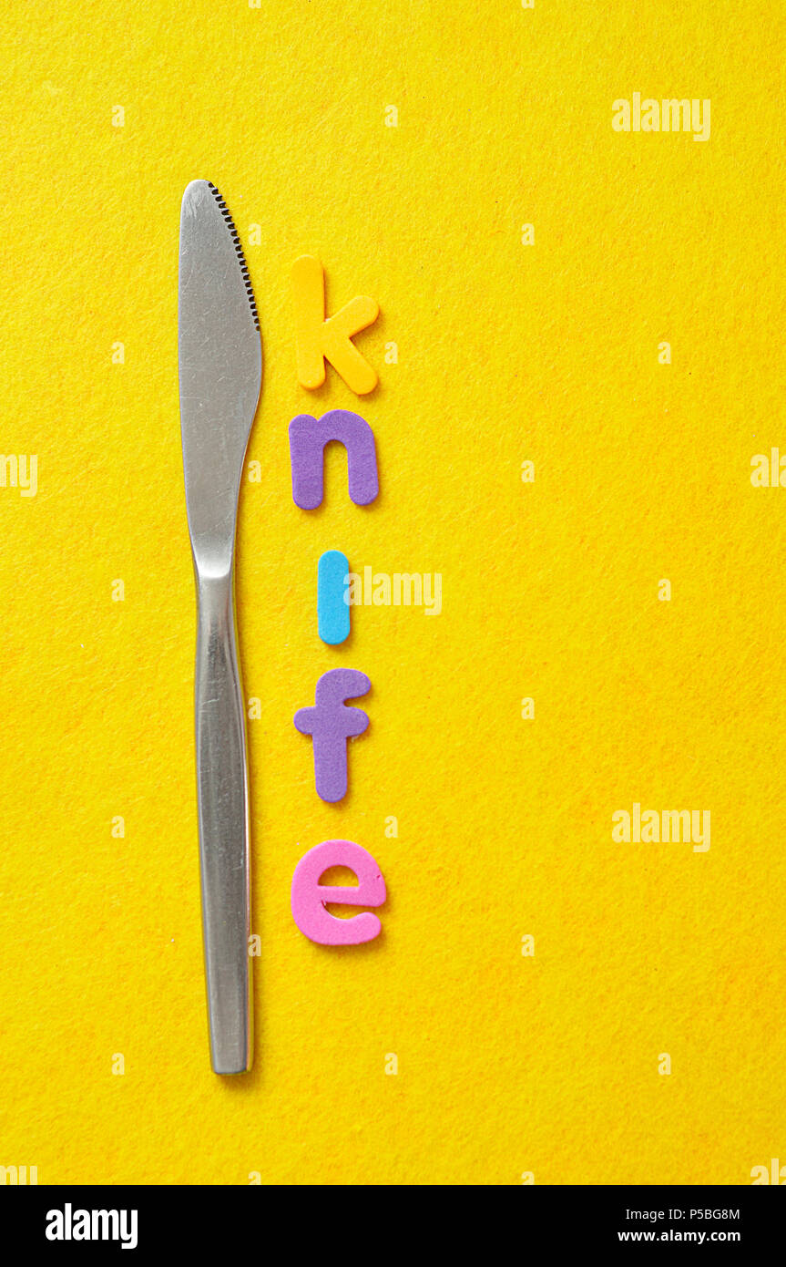 The word knife displayed with a knife on a yellow background Stock ...