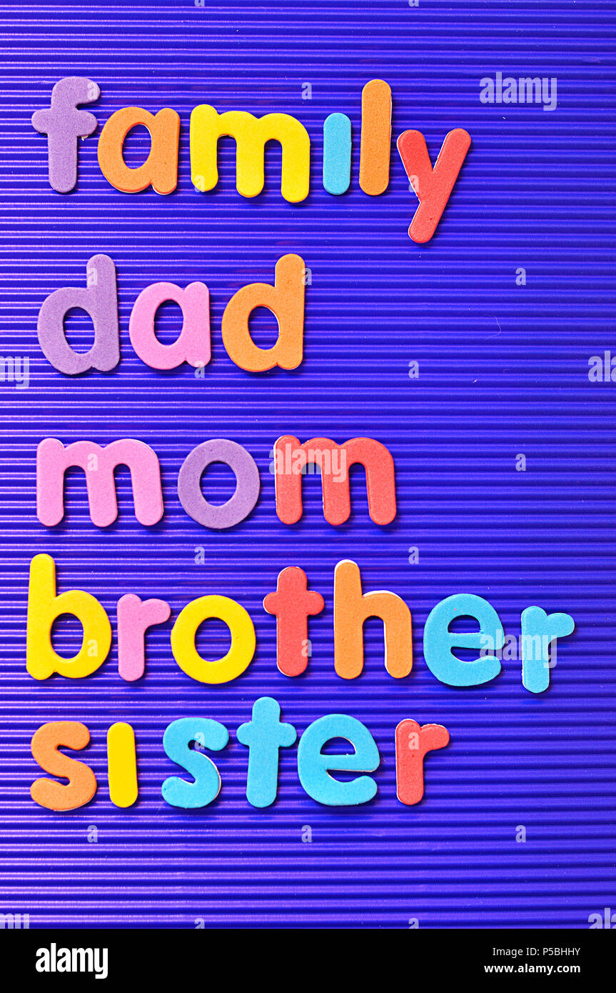 The words family, dad, mom, brother and sister on a blue background ...