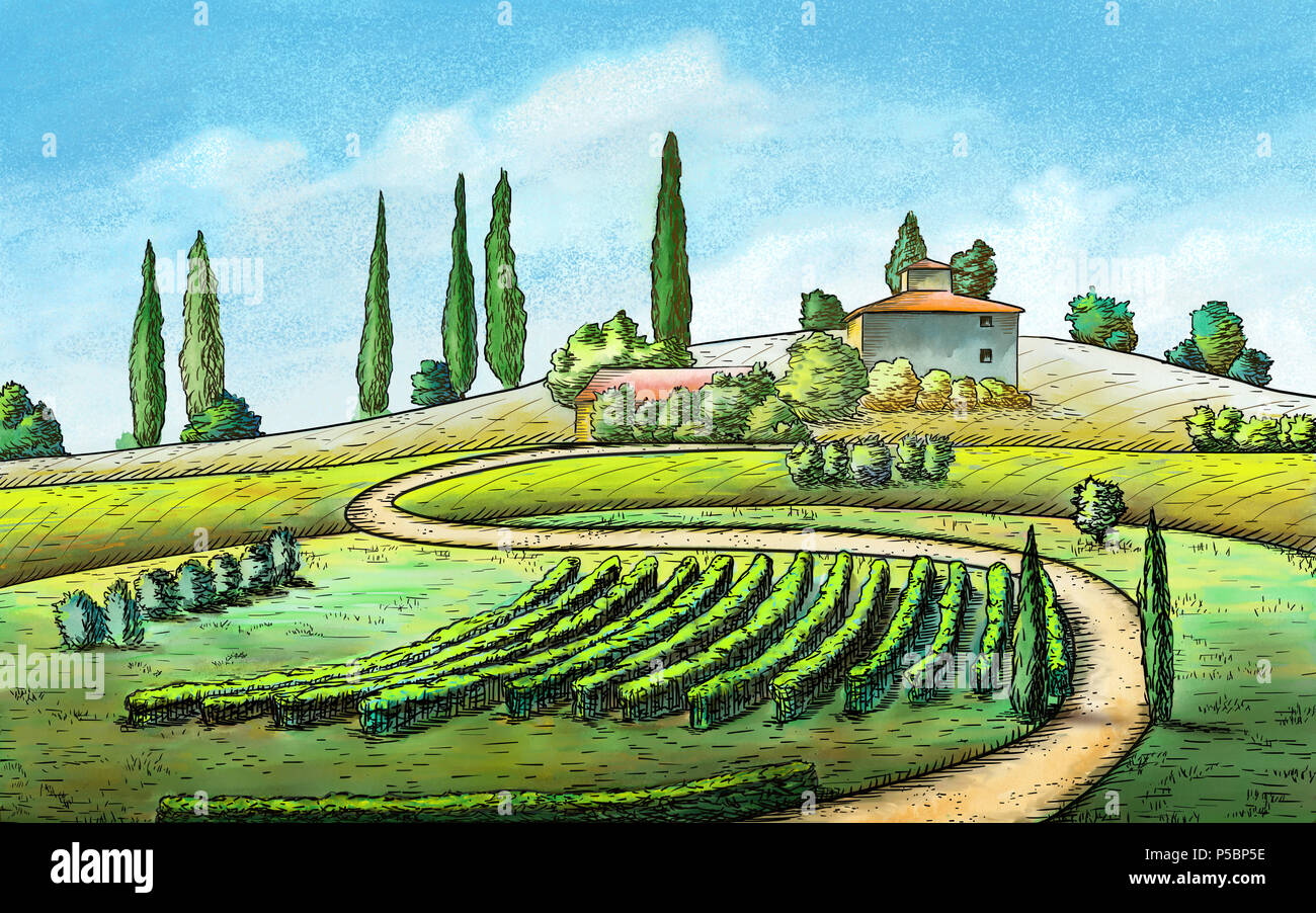 Italian country landscape. Original digital painting Stock Photo - Alamy