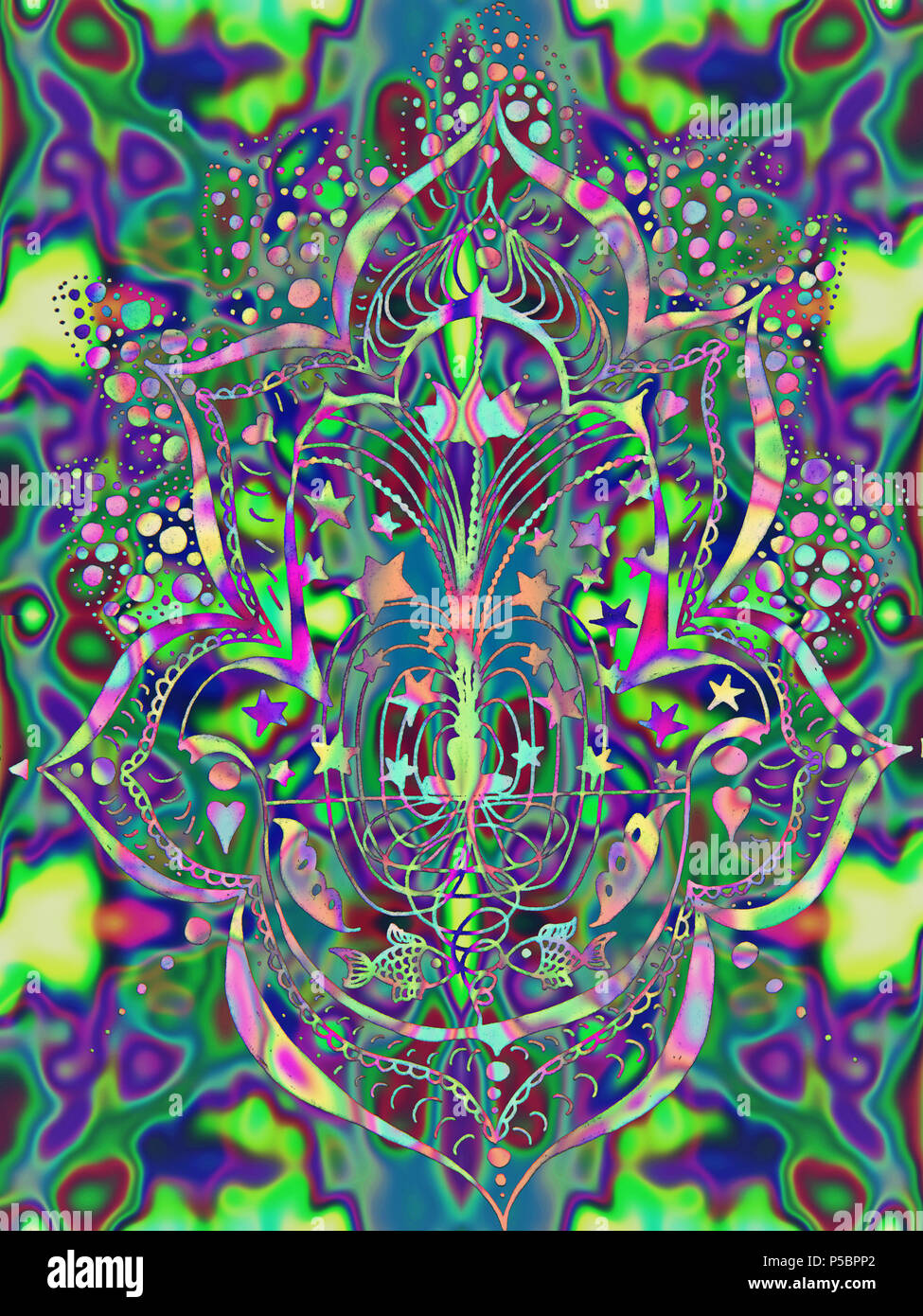 Rainbow color hamsa digital psytrance drawing Stock Photo - Alamy
