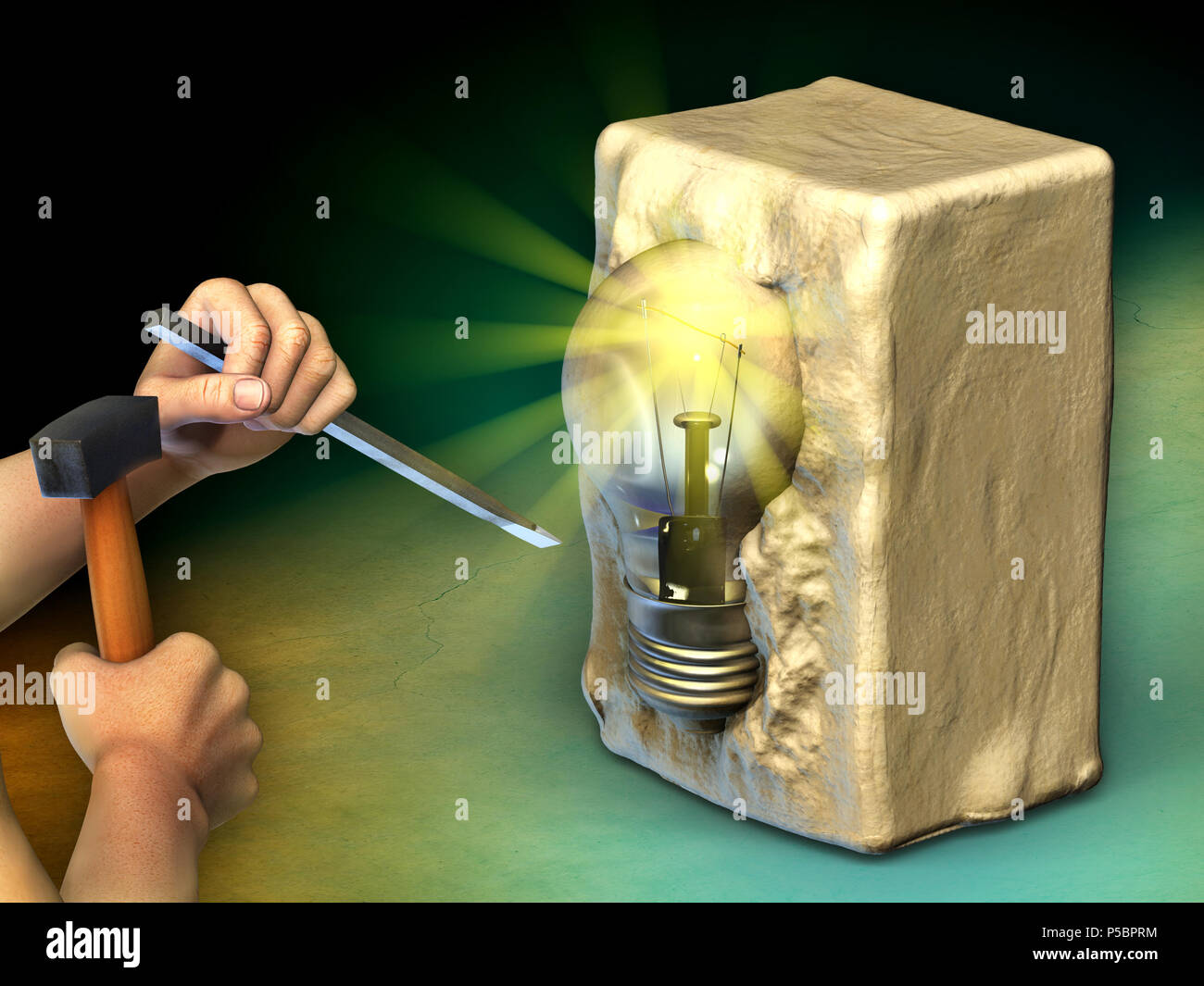 A man is sculpting a block of stone into a light bulb. Digital ...