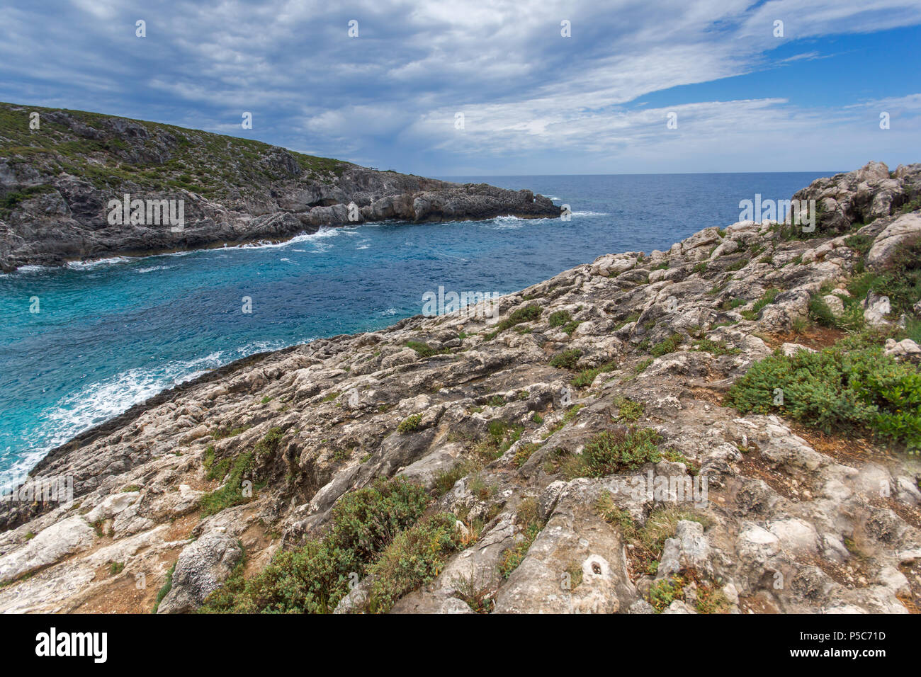 Panorama of Limnionas beach bay at Zakynthos island, Greece Stock Photo ...