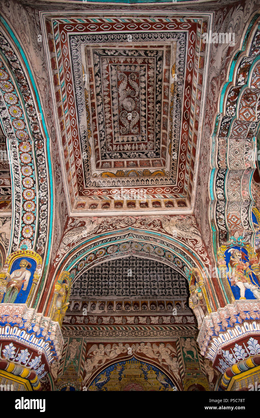 Colorful paintings on ceiling wall of Darbar Hall of the Thanjavur ...