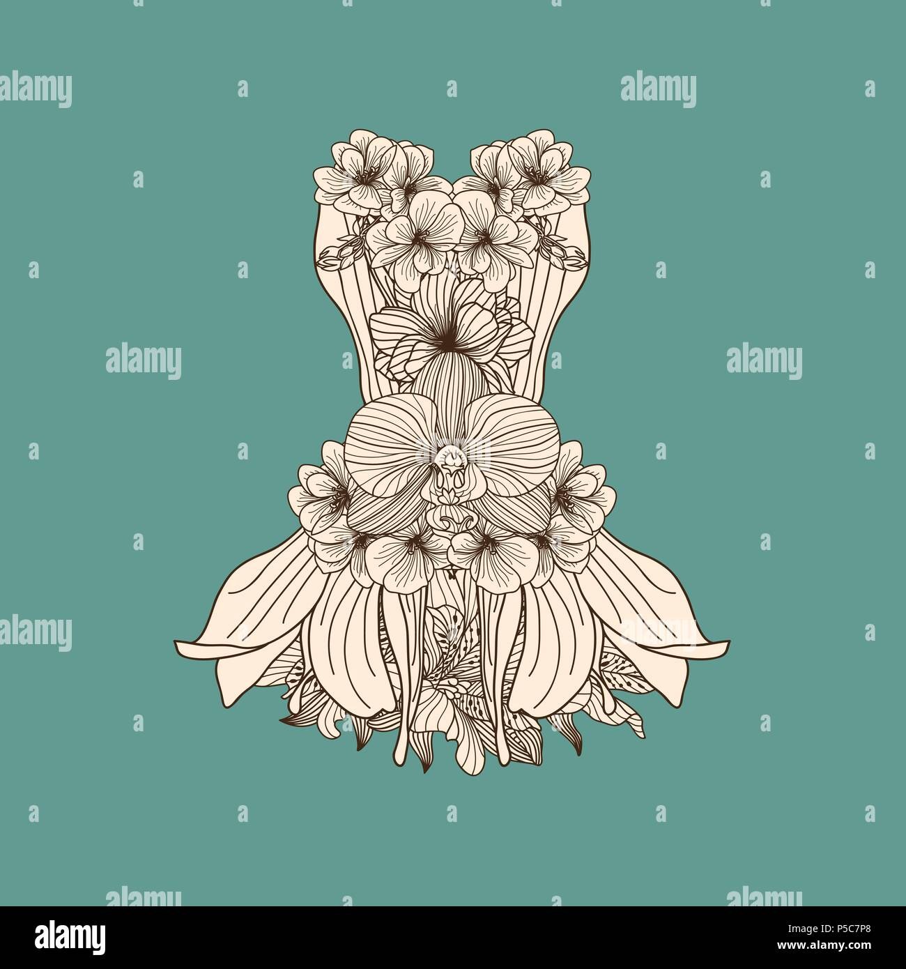 Dress made of linear flowers on teal background Stock Vector Image ...