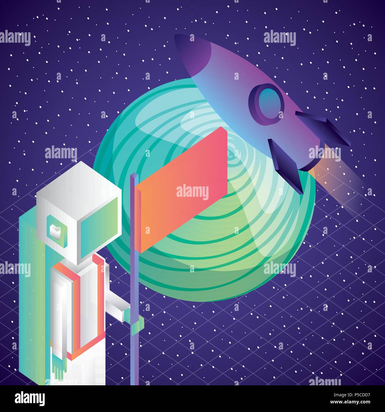 virtual reality astronaut rocket planet in space illustration, vector ...