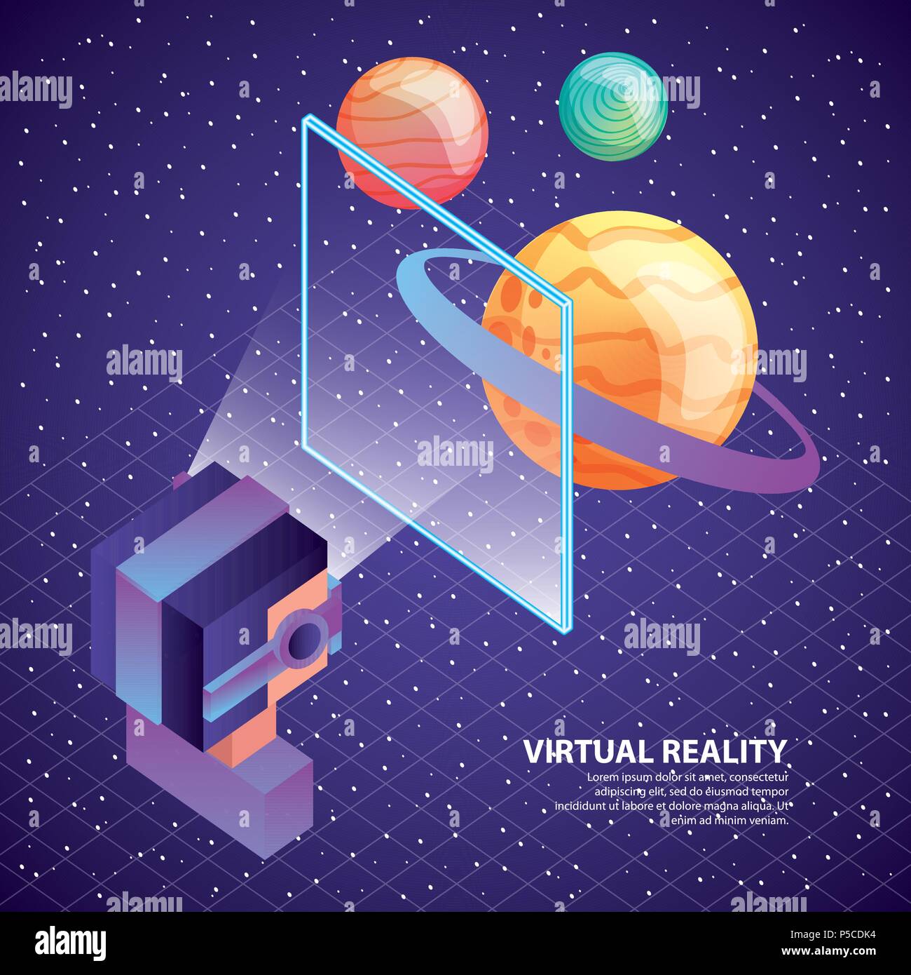 gamer using virtual reality glasses watching planet on screen ...