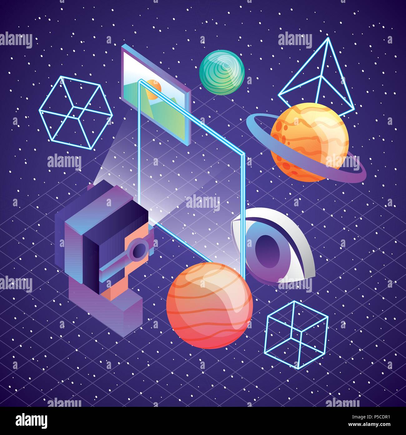man using vr goggles screen planet 3d figures and screen illustration ...