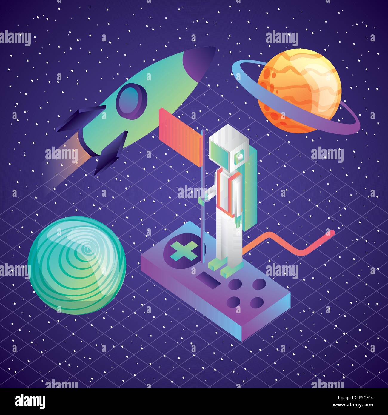 virtual reality astronaut on control game rocket and planets galaxy ...