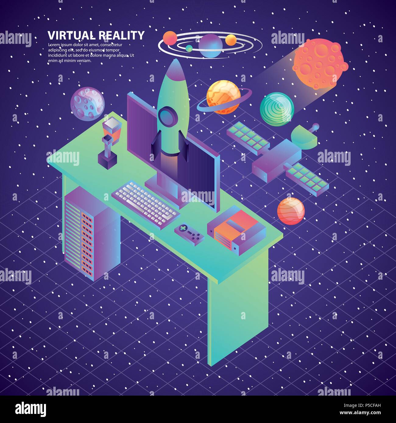 virtual reality desk computer rocket galaxy satellite planets vector ...