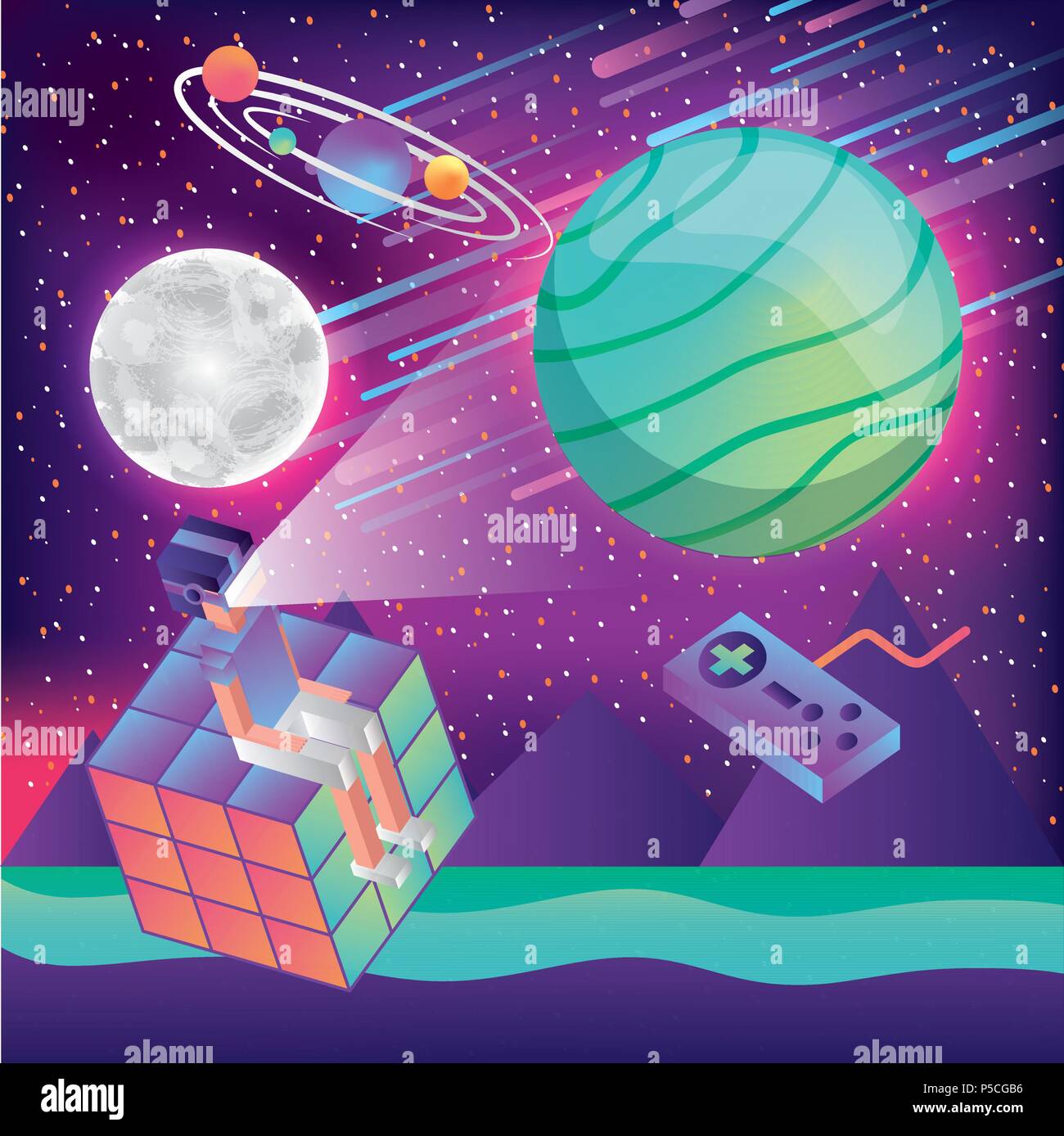 man using virtual reality headset and control wtching planets system ...