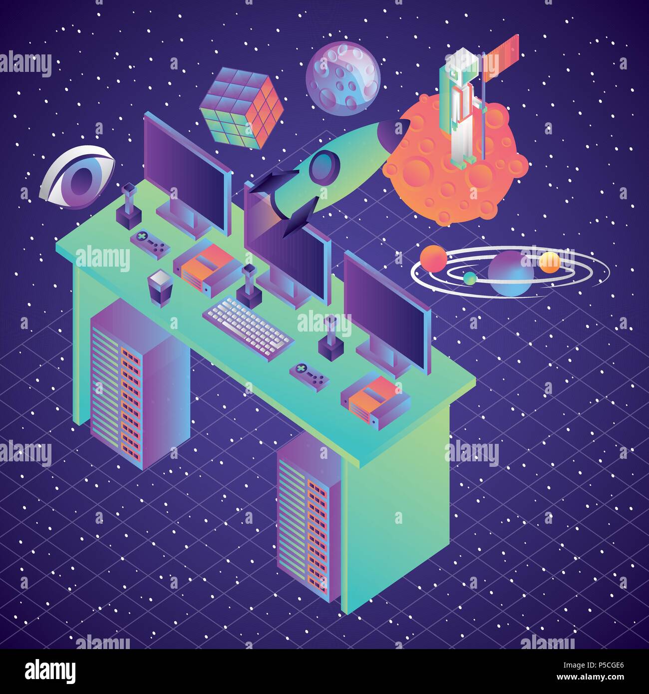 virtual reality desk computers galaxy technology entertainment vector ...