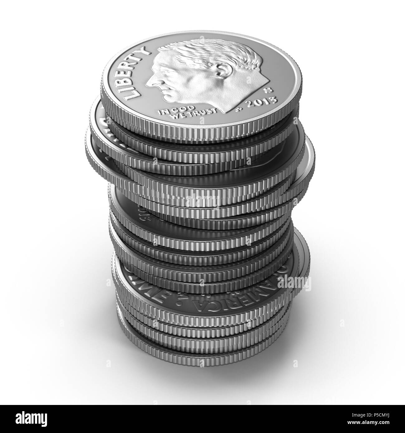 stacks of american dime coins isolated on white. 3D illustration Stock ...
