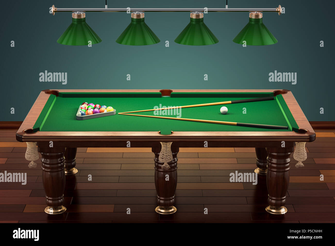 Billiard table with balls and cue in room, 3D rendering Stock Photo - Alamy