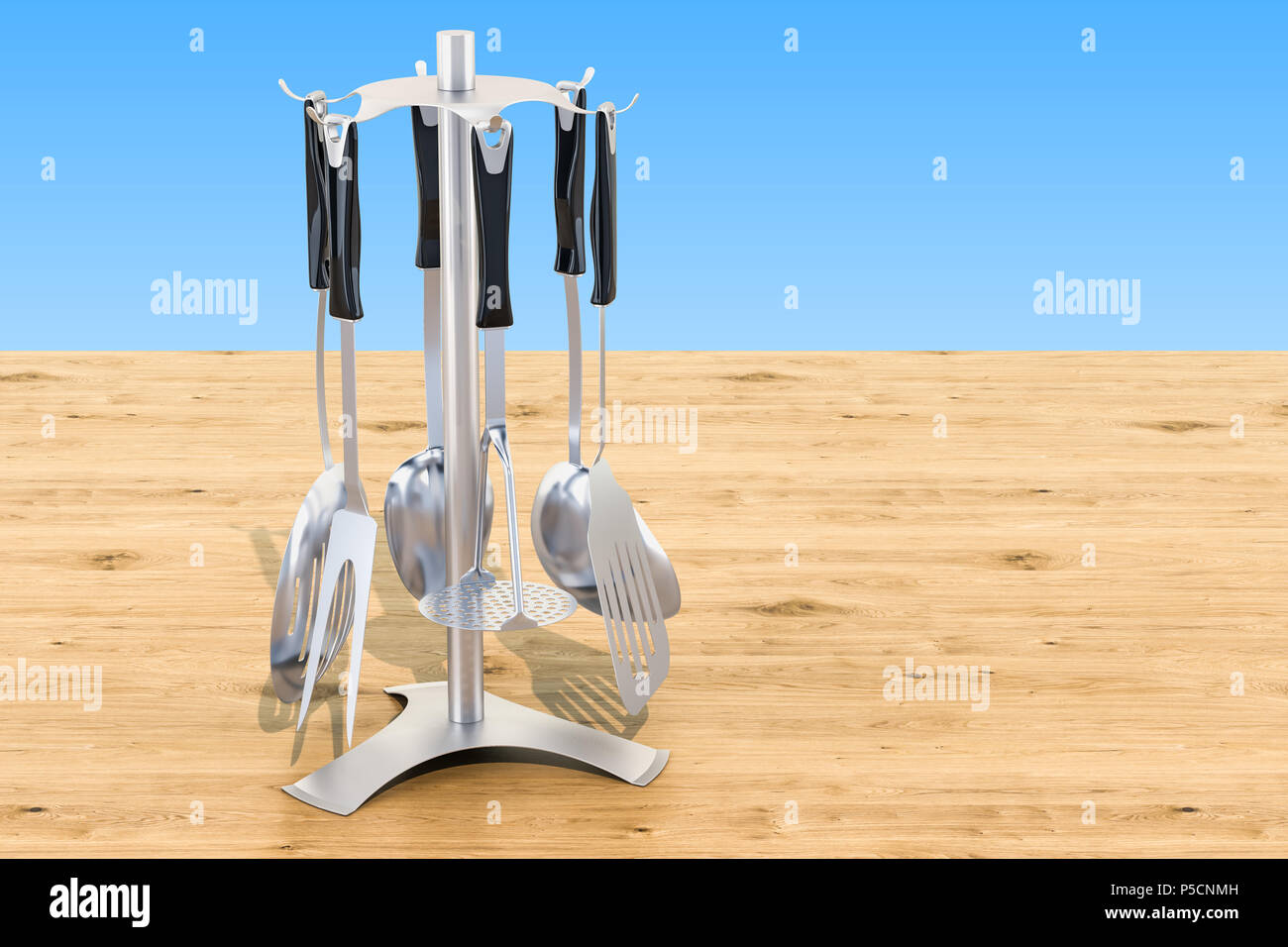 Kitchen utensils with stand on the wooden table, 3D rendering isolated ...
