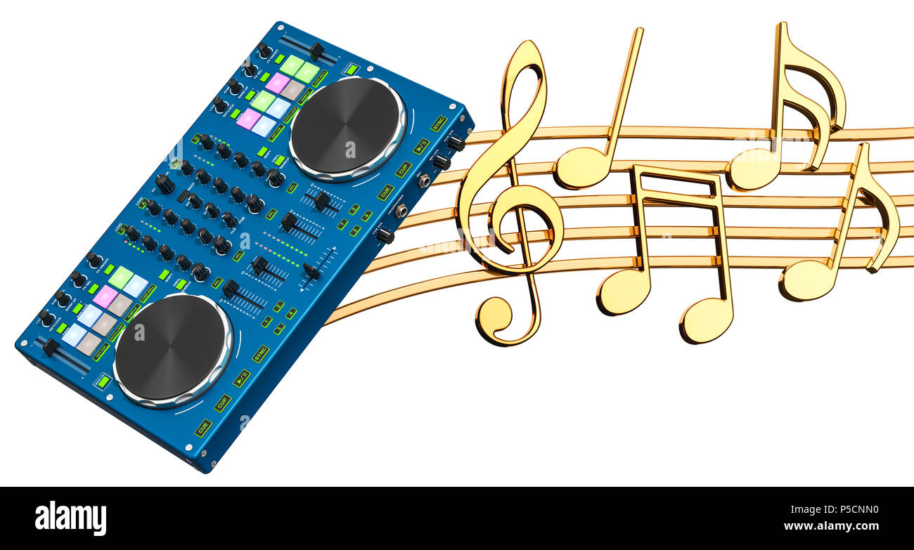Musical concept. DJ Console with music notes, 3d rendering isolated on ...