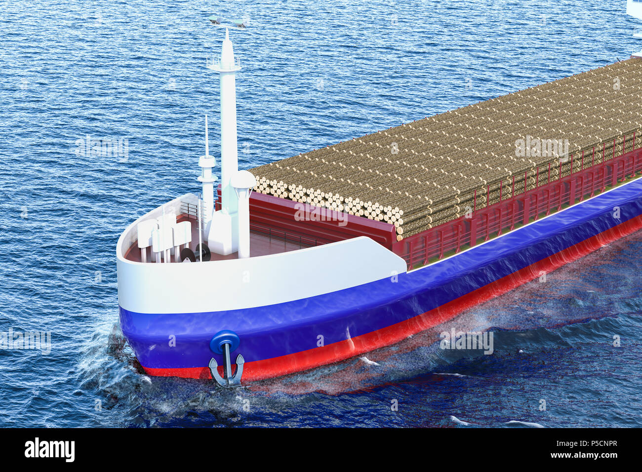 Timber export, wood trade from Russia concept. Russian freighter ship ...