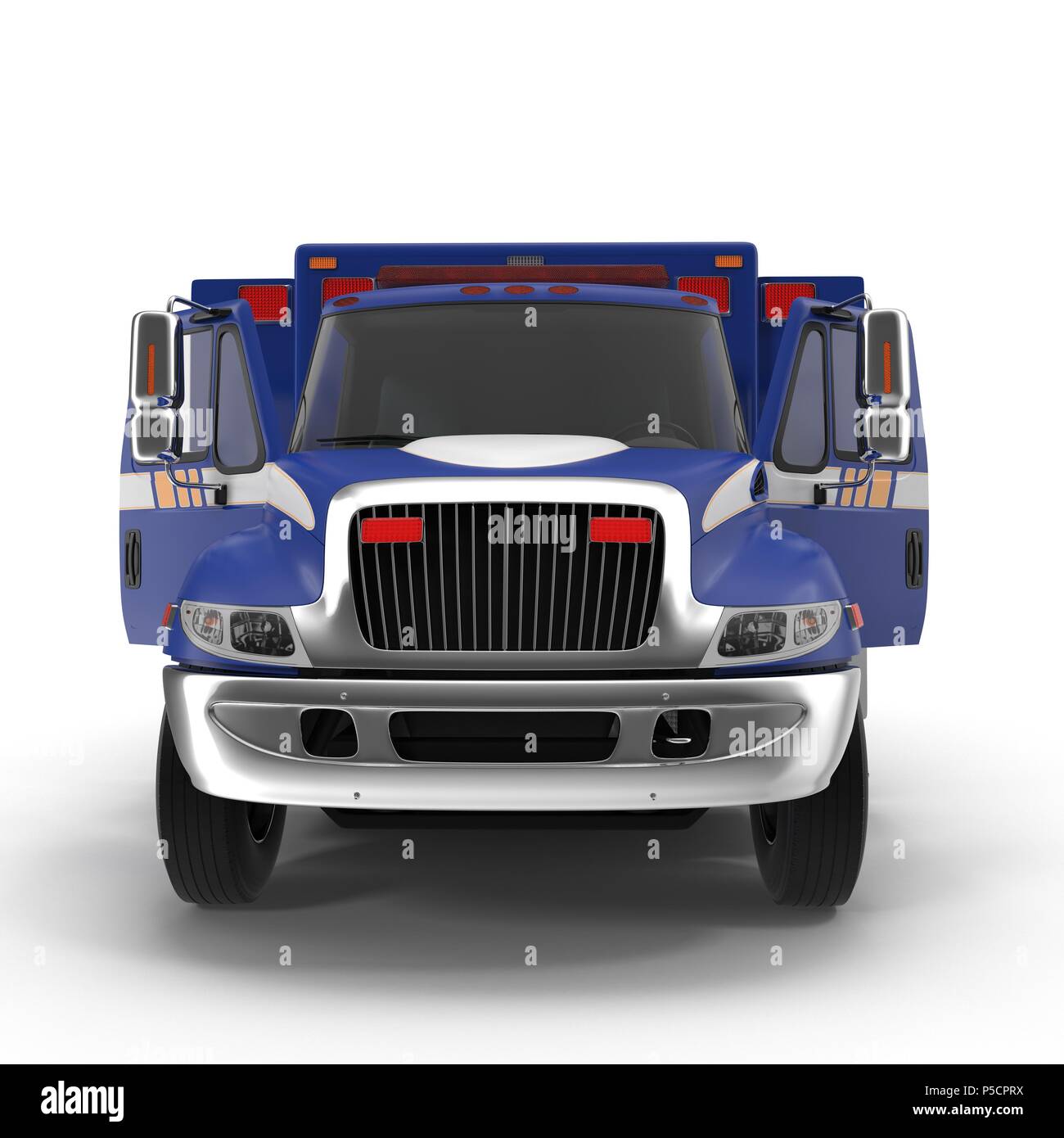 Paramedic Blue Van with opened doors isolated on white. Front view. 3D ...