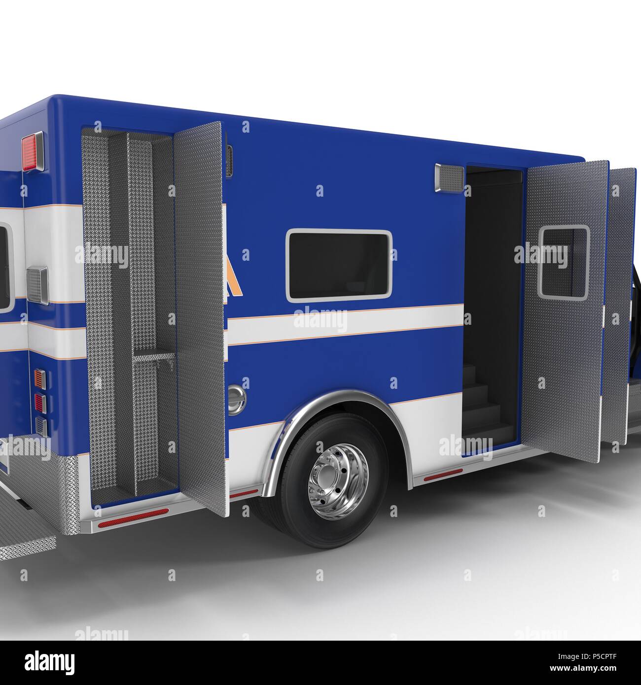 Paramedic Blue Van with opened doors isolated on white. 3D Illustration ...