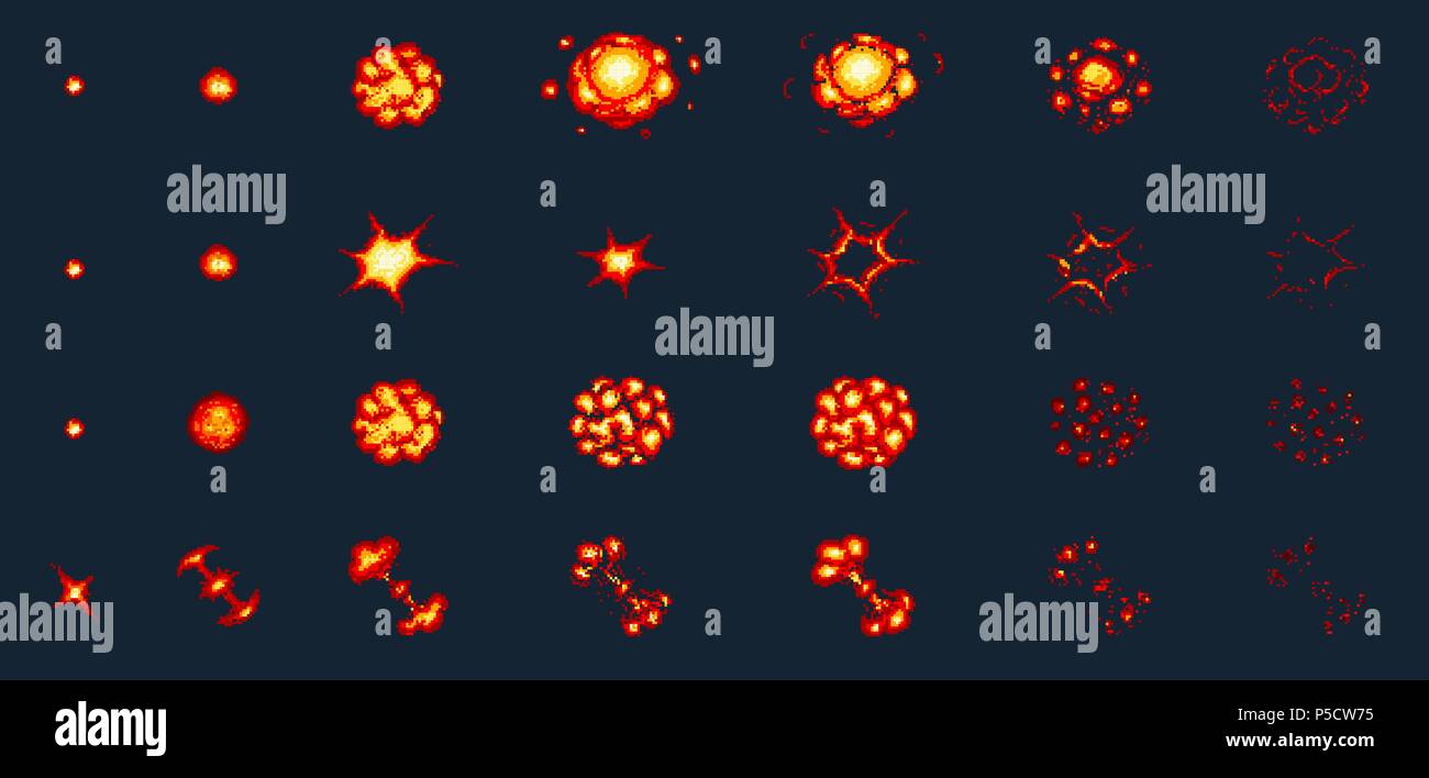 Pixel art explosions. game icons set. Comic boom flame effects for ...