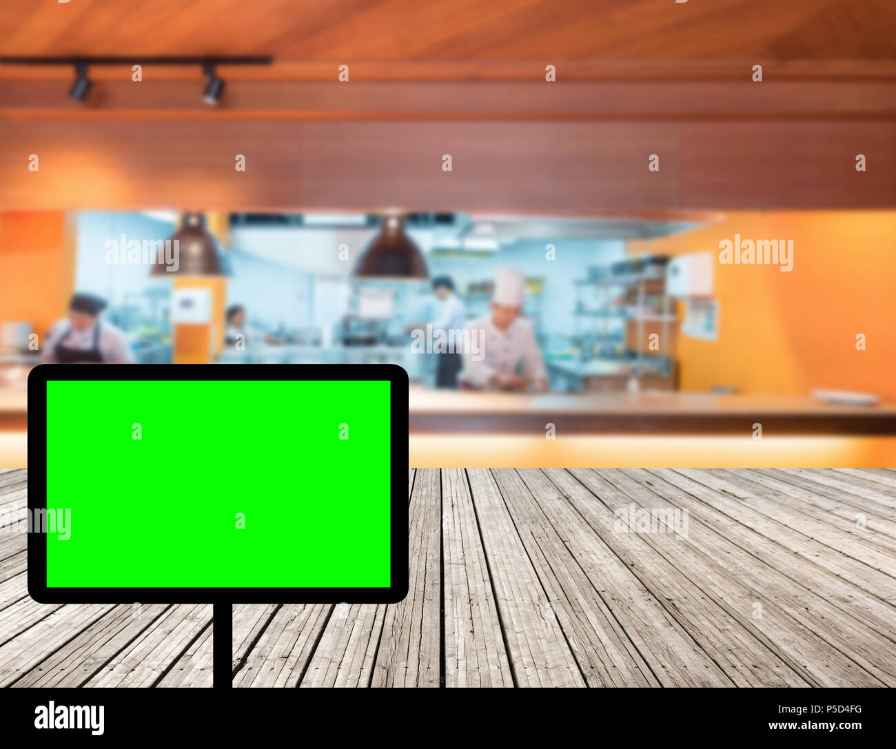 Commercial Kitchen Blurred and chef cooking Background with blank ...