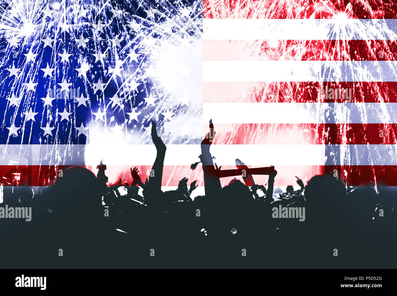 Crowd with raised hands blending on USA flag background celebrating ...