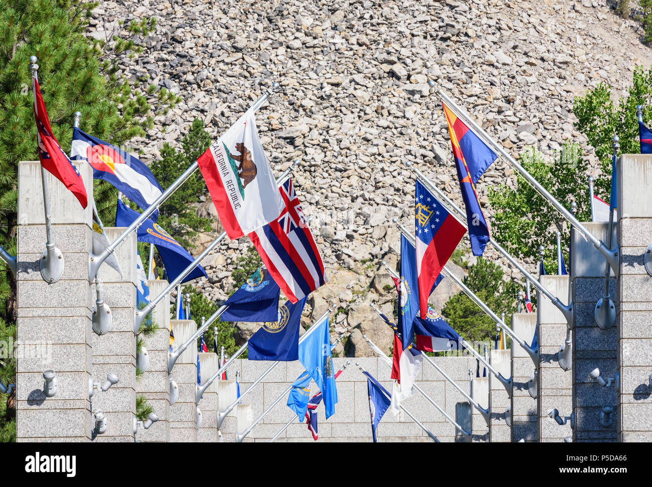 Closeup of the Avenue of Flags at Mount Rushmore National Monument, USA ...