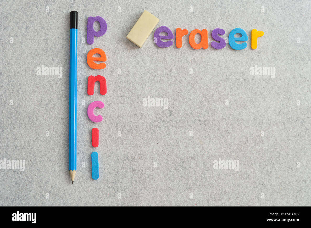 The word pencil and eraser displayed with an eraser and pencil Stock ...