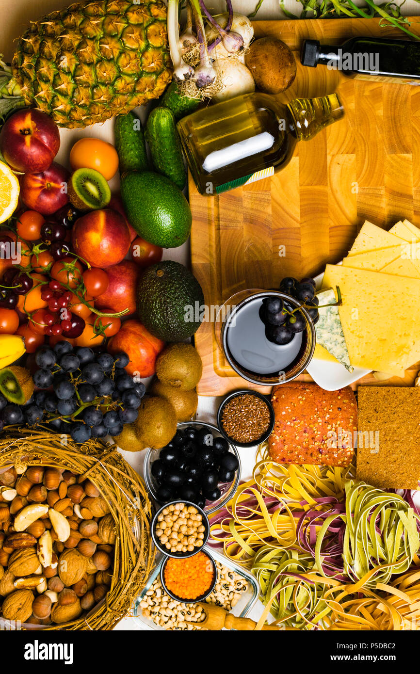 Mediterranean Food background. Assortment of fresh fruits, vegetables ...