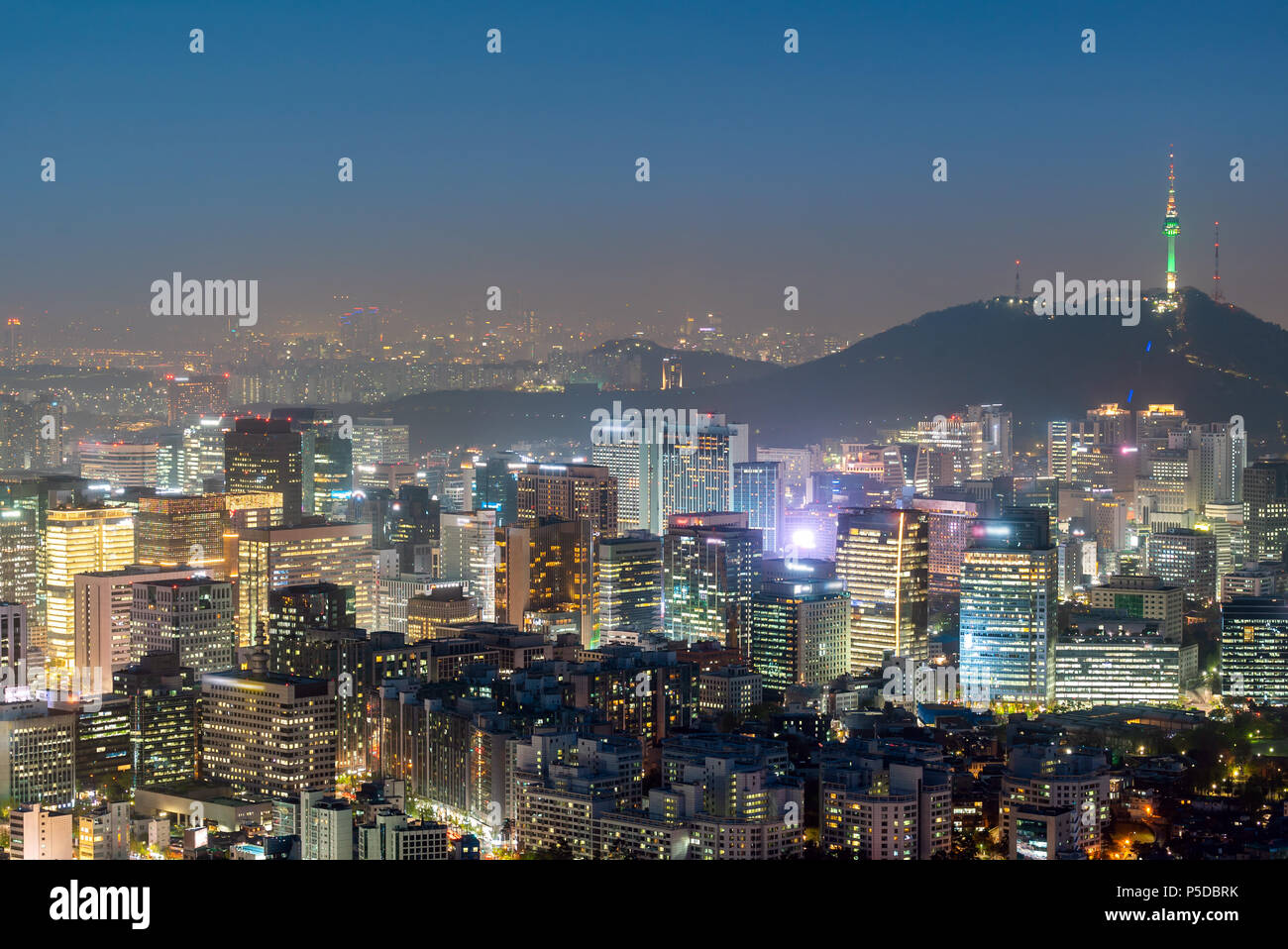 Aerial Sunset and Night view of Seoul Downtown cityscape with Seoul ...