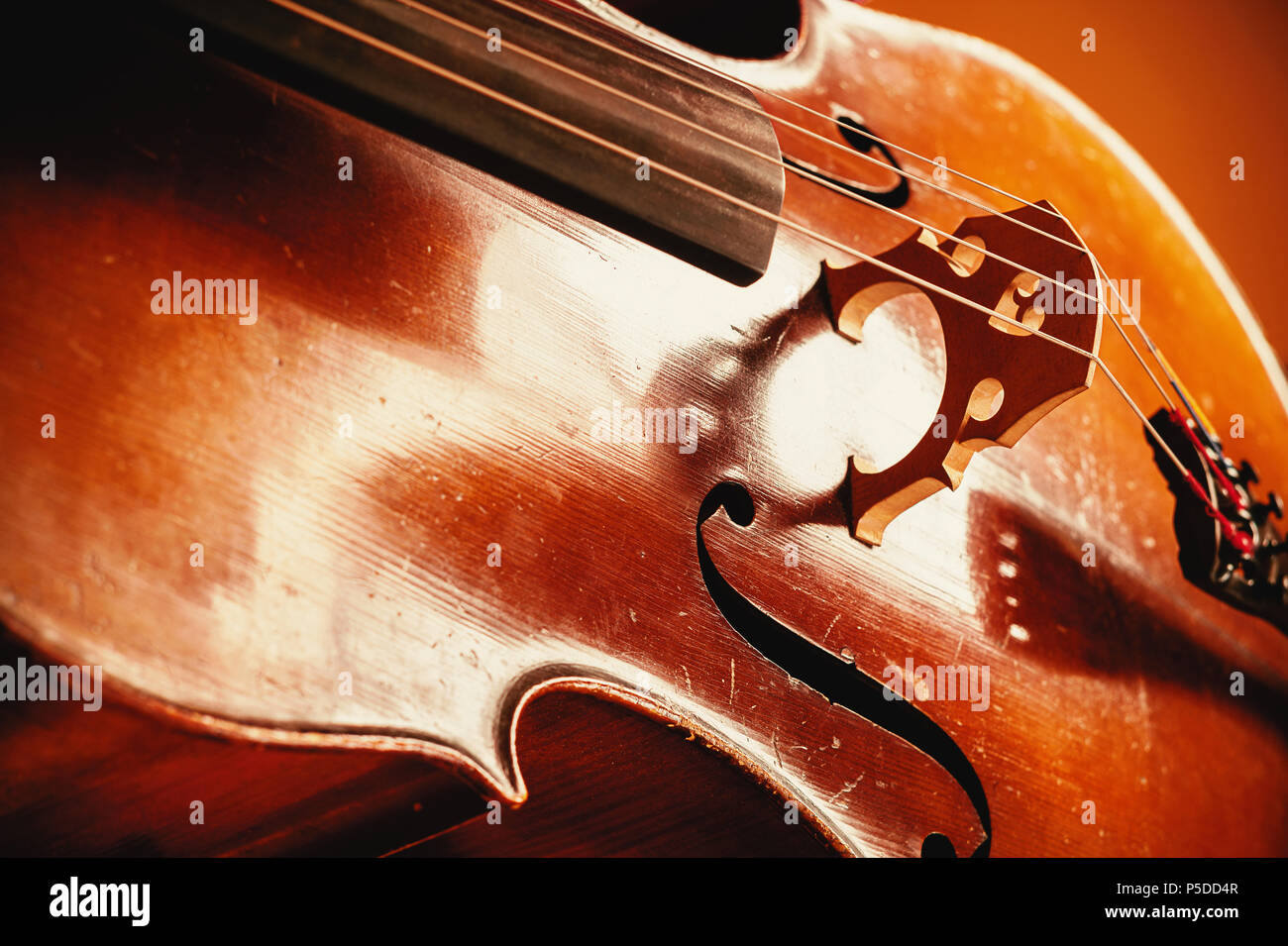 Details of an old dusty cello, closeup view on strings and body Stock ...