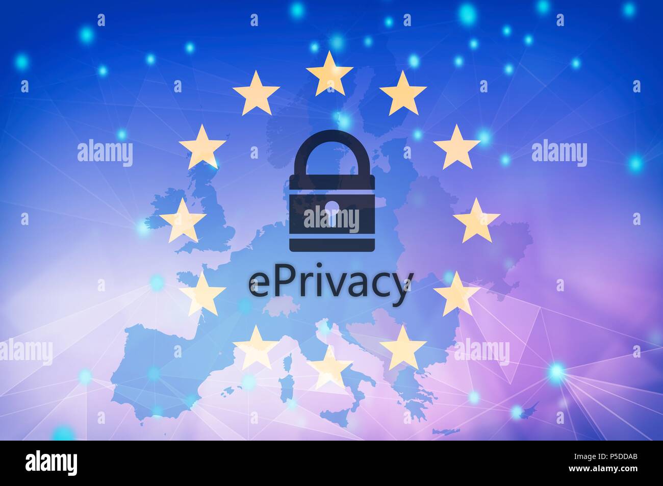 e privacy European regulation, text on EU flag and map background. 3d ...
