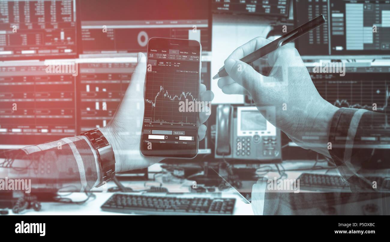Double exposure of hand holding blank smartphone with Stock market ...