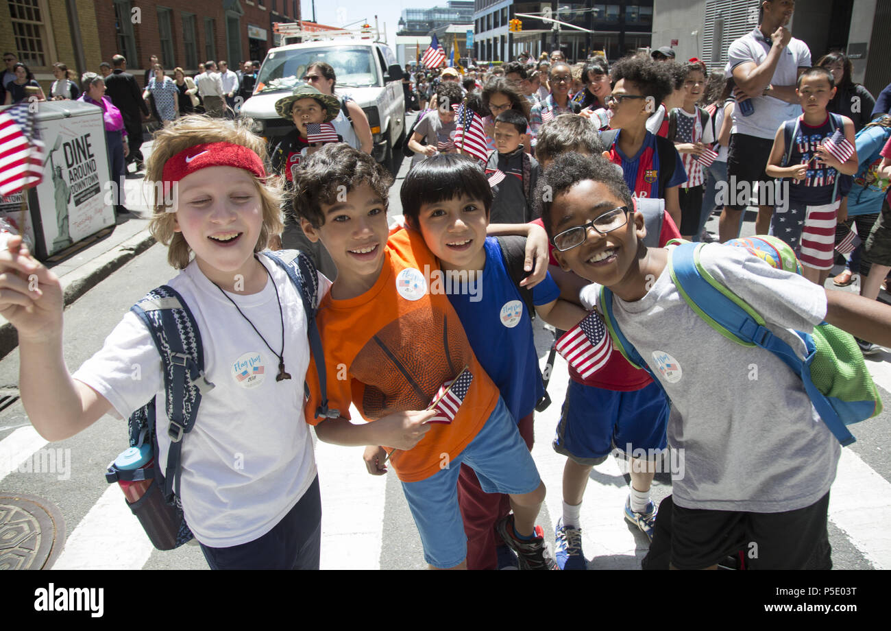 Public school children march in lower Manhattan along Broadway at the ...