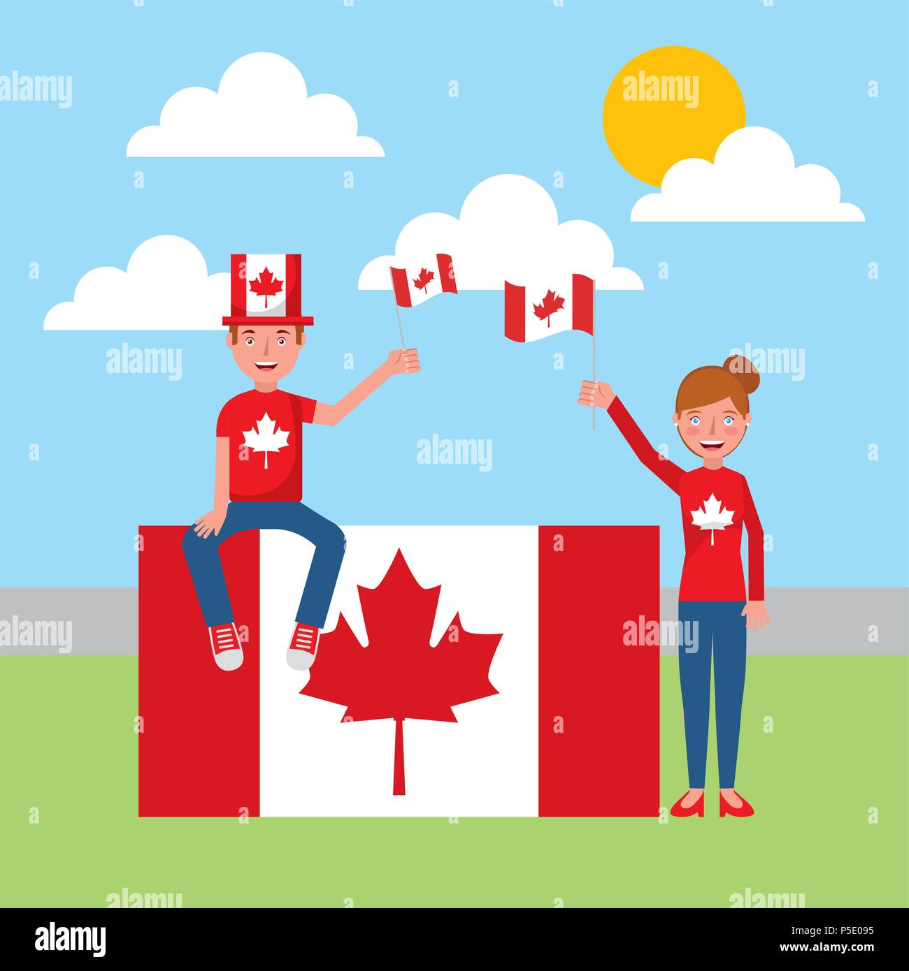 canada day man sitting flag woman sunny celebration vector illustration ...