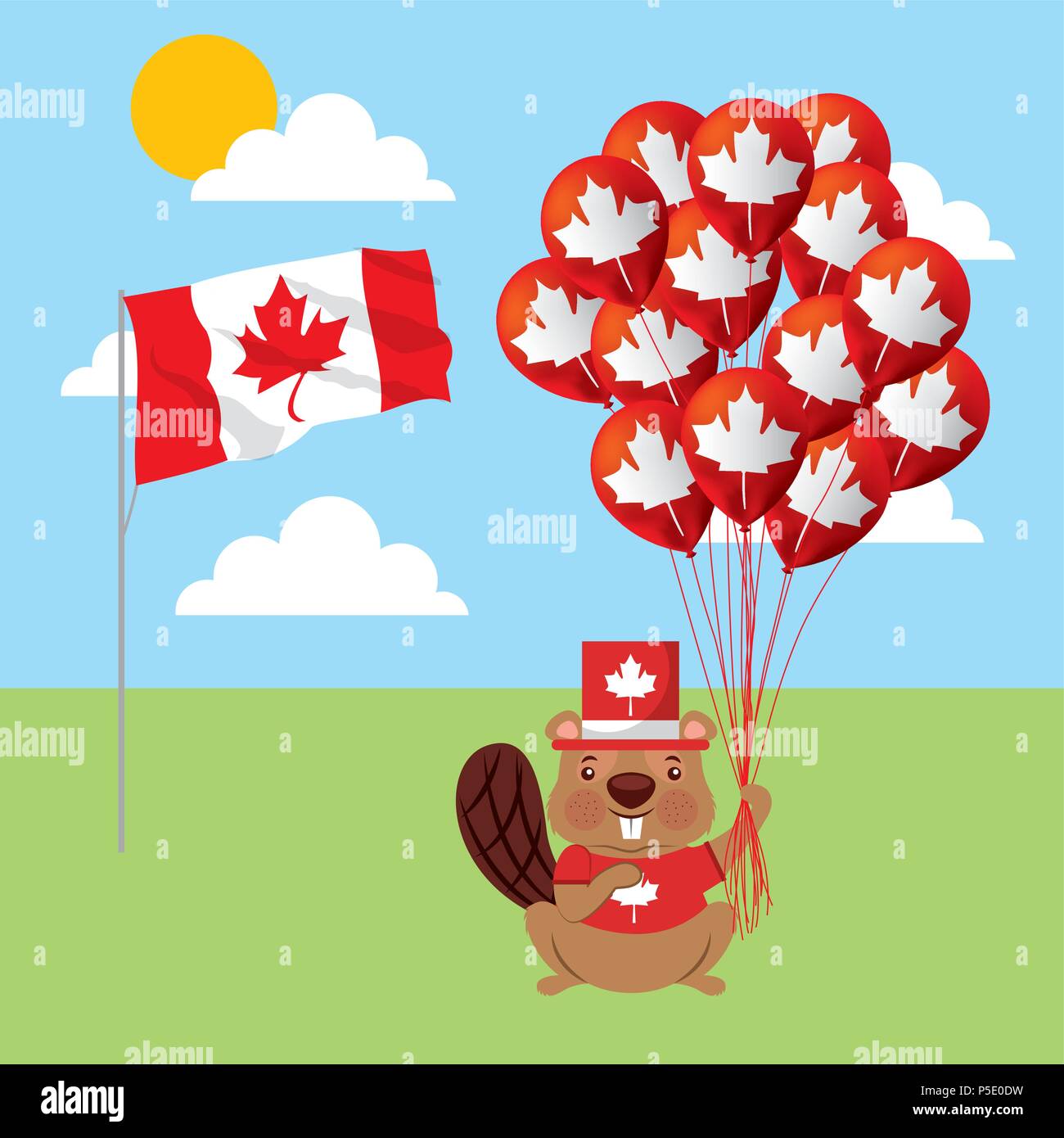 canada day sunny clouds flag beaver holding many leave maple balloons ...