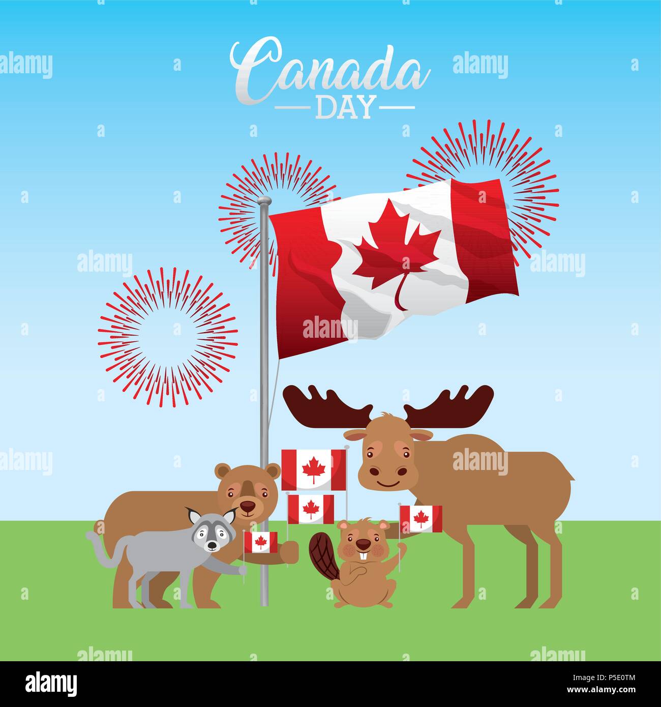 canada day sunny fireworks animals holding flags vector illustration ...